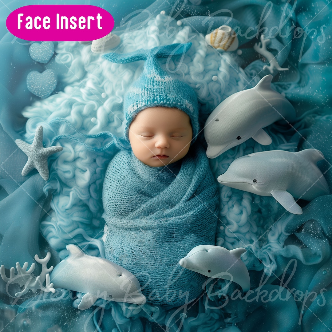 Newborn Digital Backdrop Face Insert, Newborn Baby Dolphin Faceswap ...