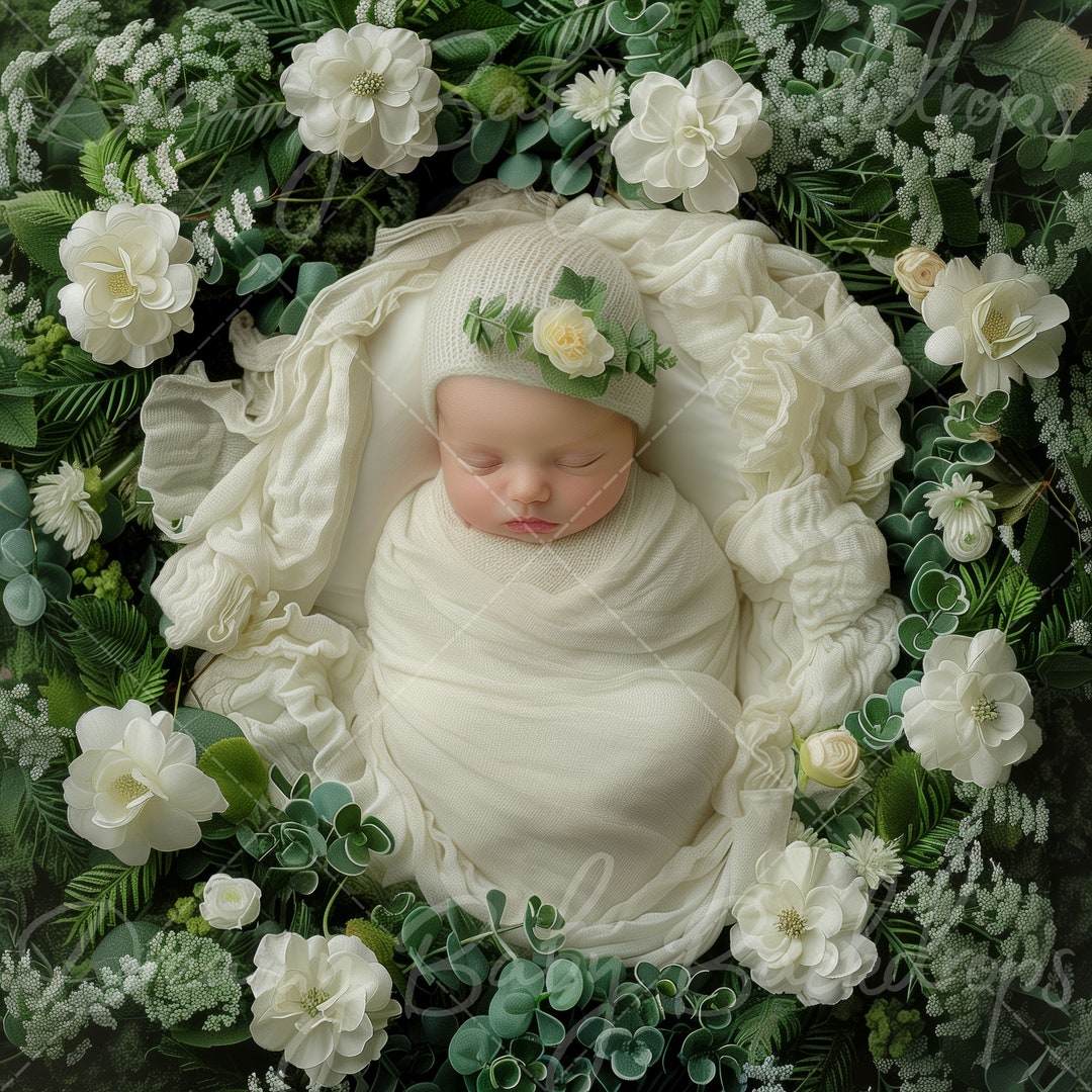 Newborn Digital Backdrop, Newborn Baby White Flowers, Floral Composite ...