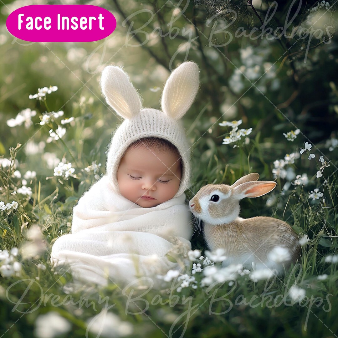 Newborn Digital Backdrop Face Insert, Newborn Baby Bunny Rabbit ...
