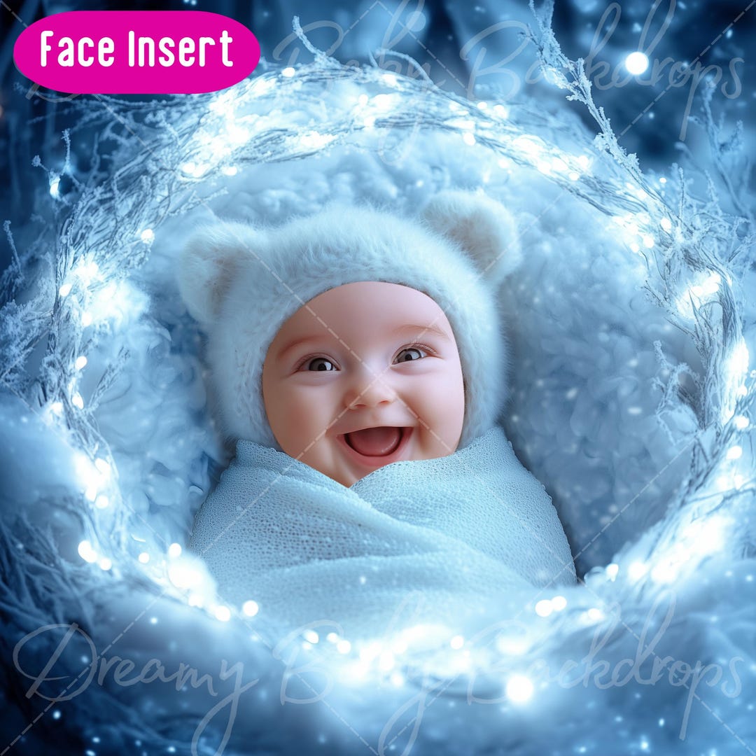 Newborn Digital Backdrop Face Insert, Baby Snow Bear Winter Faceswap ...