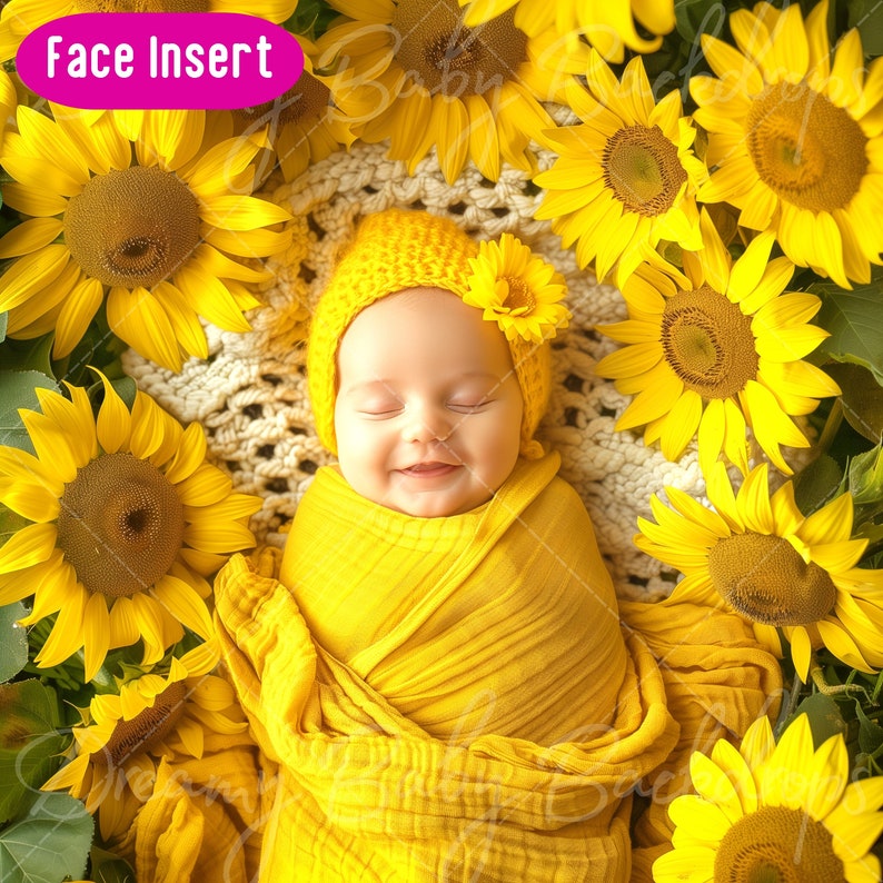 Newborn Digital Backdrop Face Insert, Newborn Baby Spring Sunflowers ...