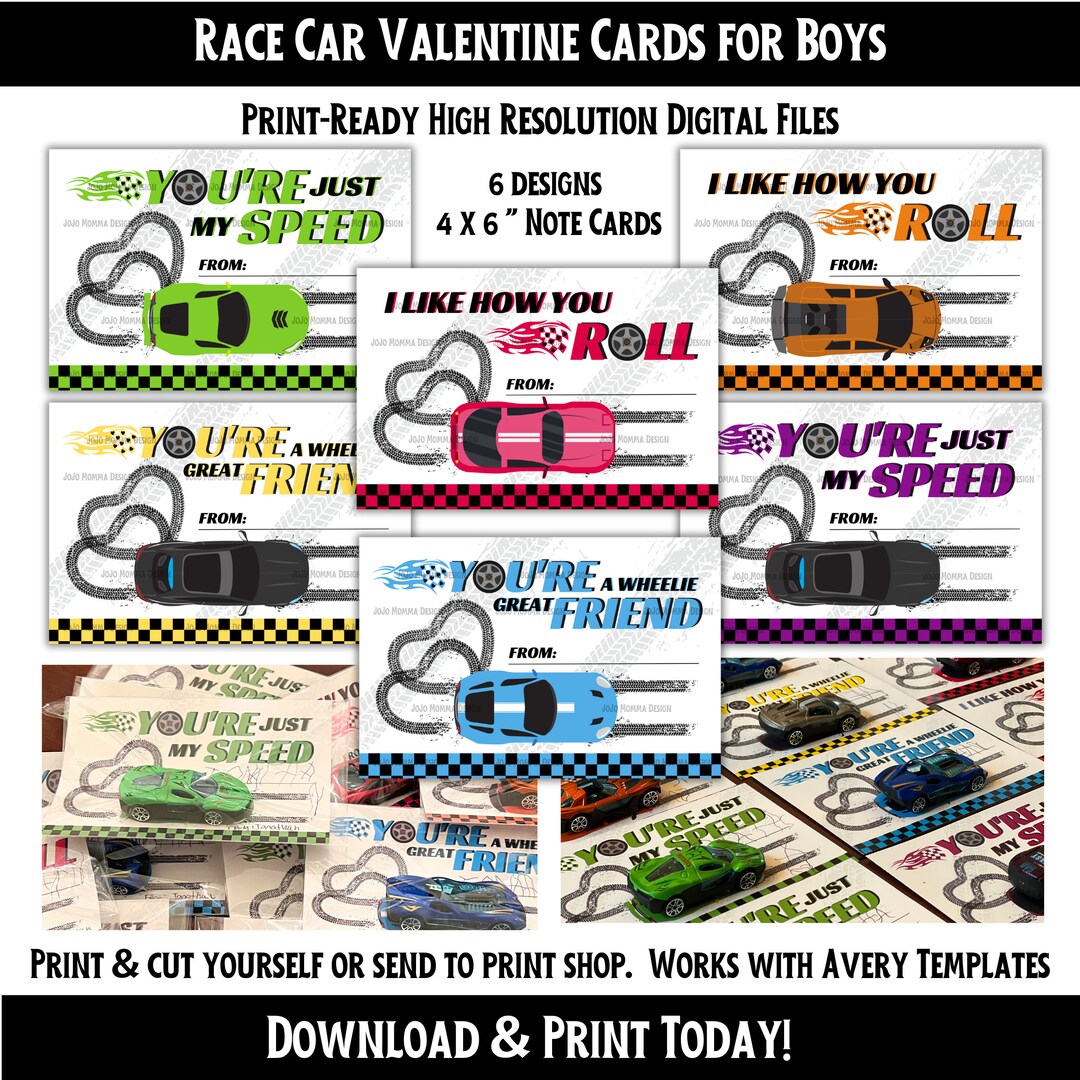 Printable Valentine Cards for Kids, Hot Wheel Race Car Valentine Cards ...
