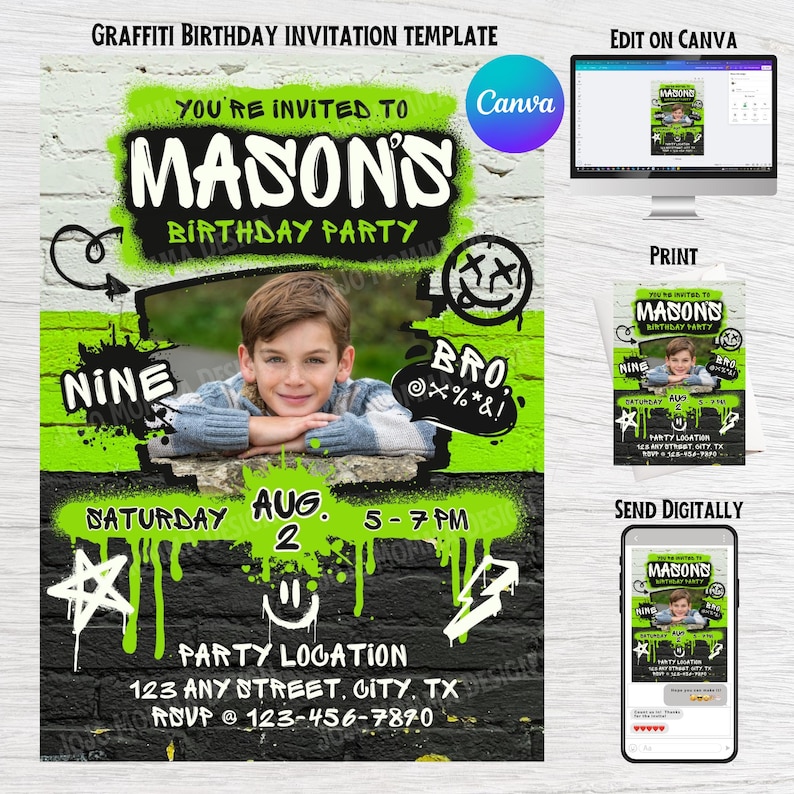 Graffiti Birthday Invitation, Editable Canva Template, Virtual Birthday ...