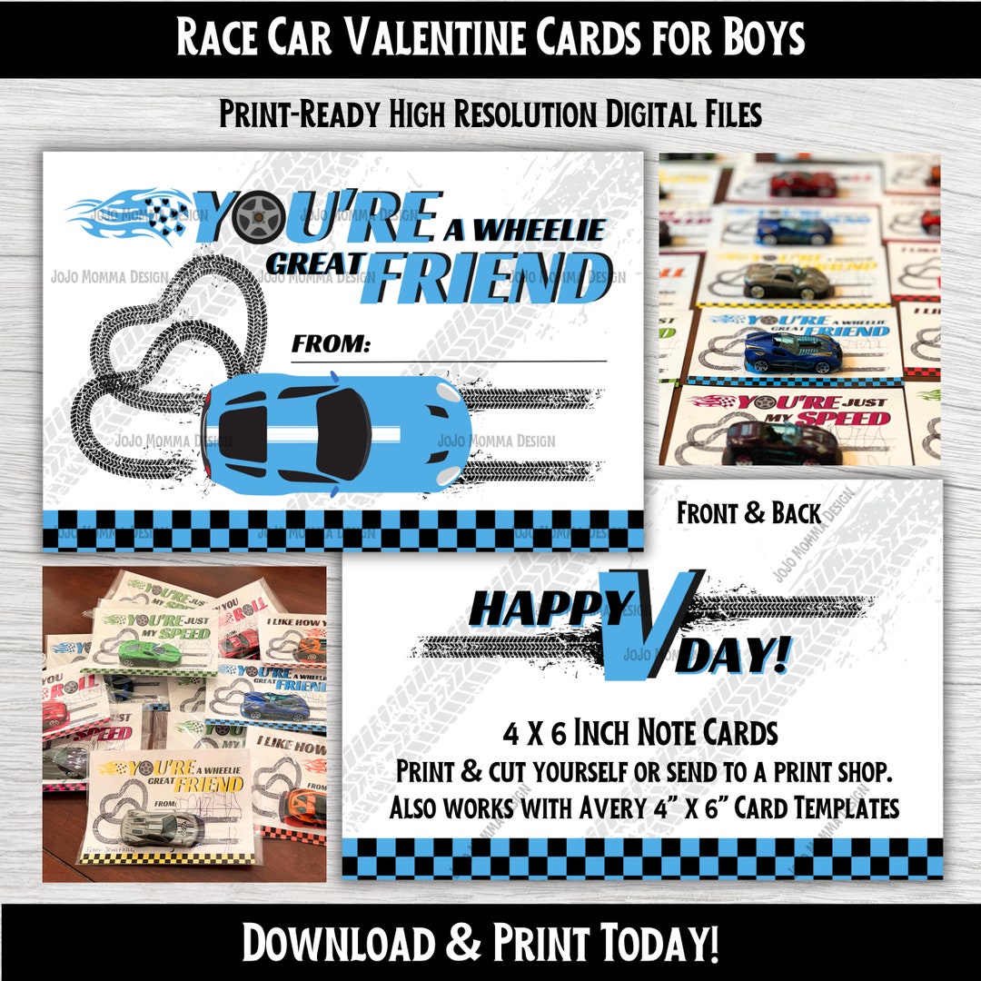 Printable Valentine Cards for Boys, Hot Wheel Race Car Valentine Cards ...