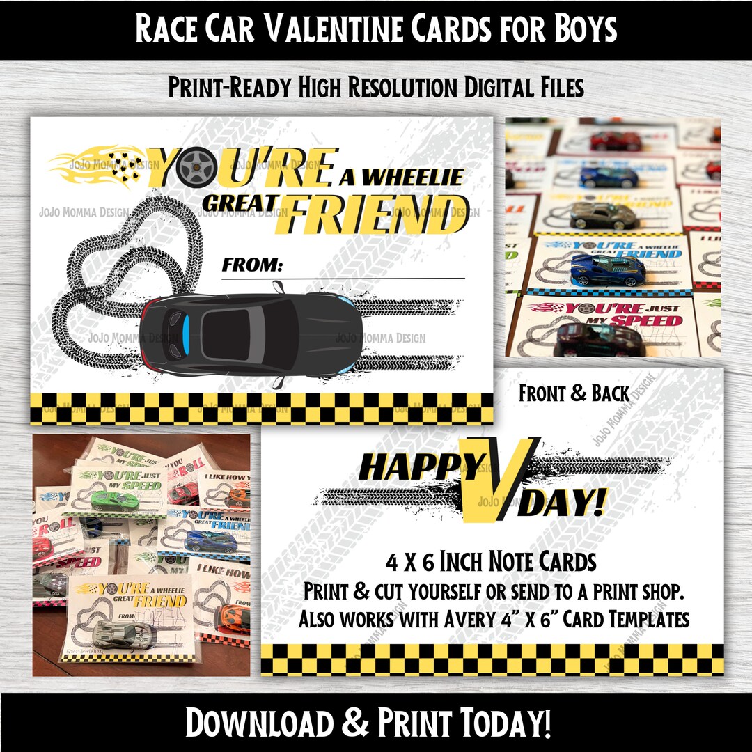 Printable Valentine Cards for Boys, Hot Wheel Race Car Valentine Cards ...