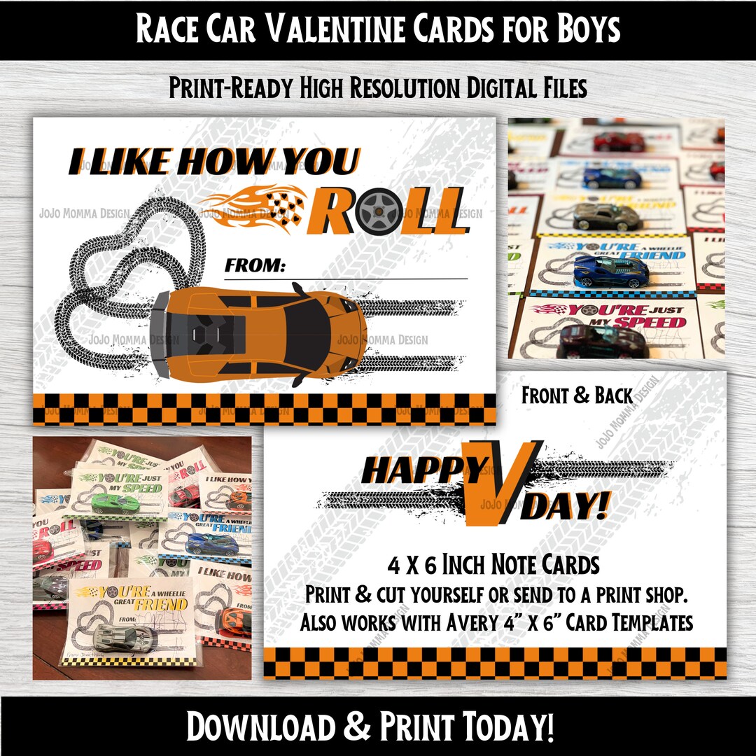 Printable Valentine Cards for Boys, Hot Wheel Race Car Valentine Cards ...