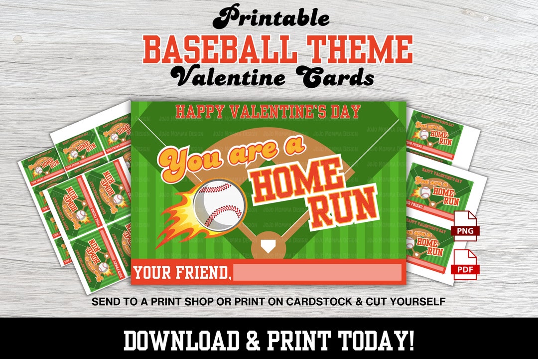 Printable Valentine Cards for Kids, Baseball Valentine Cards, Classroom ...