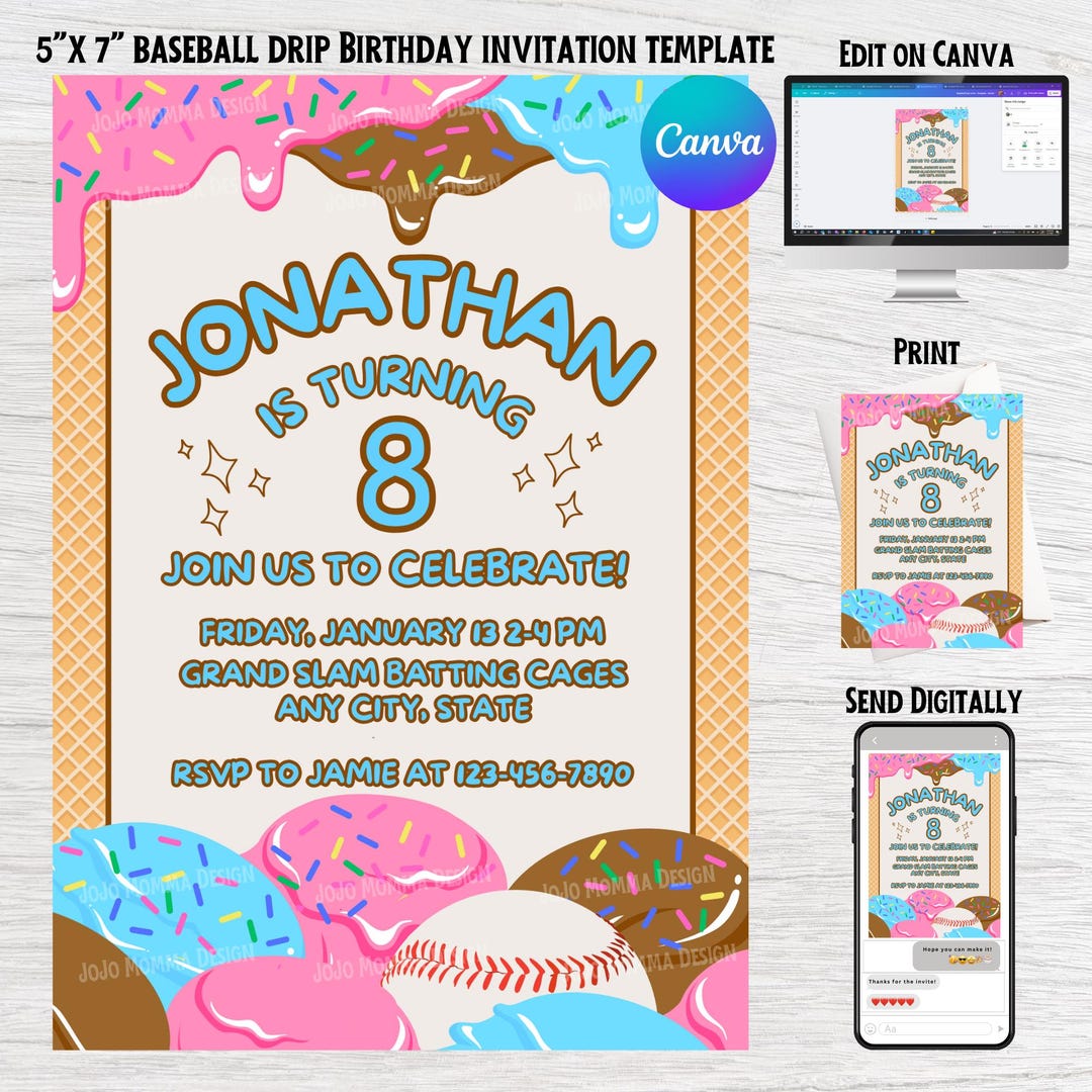Drippy Baseball Birthday Invitation Template, Baseball Drip Ice Cream ...
