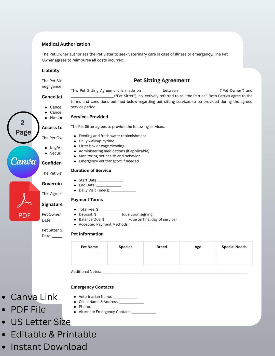 Pet Sitting Contract Template Customizable Dog Walker & Cat Boarding ...