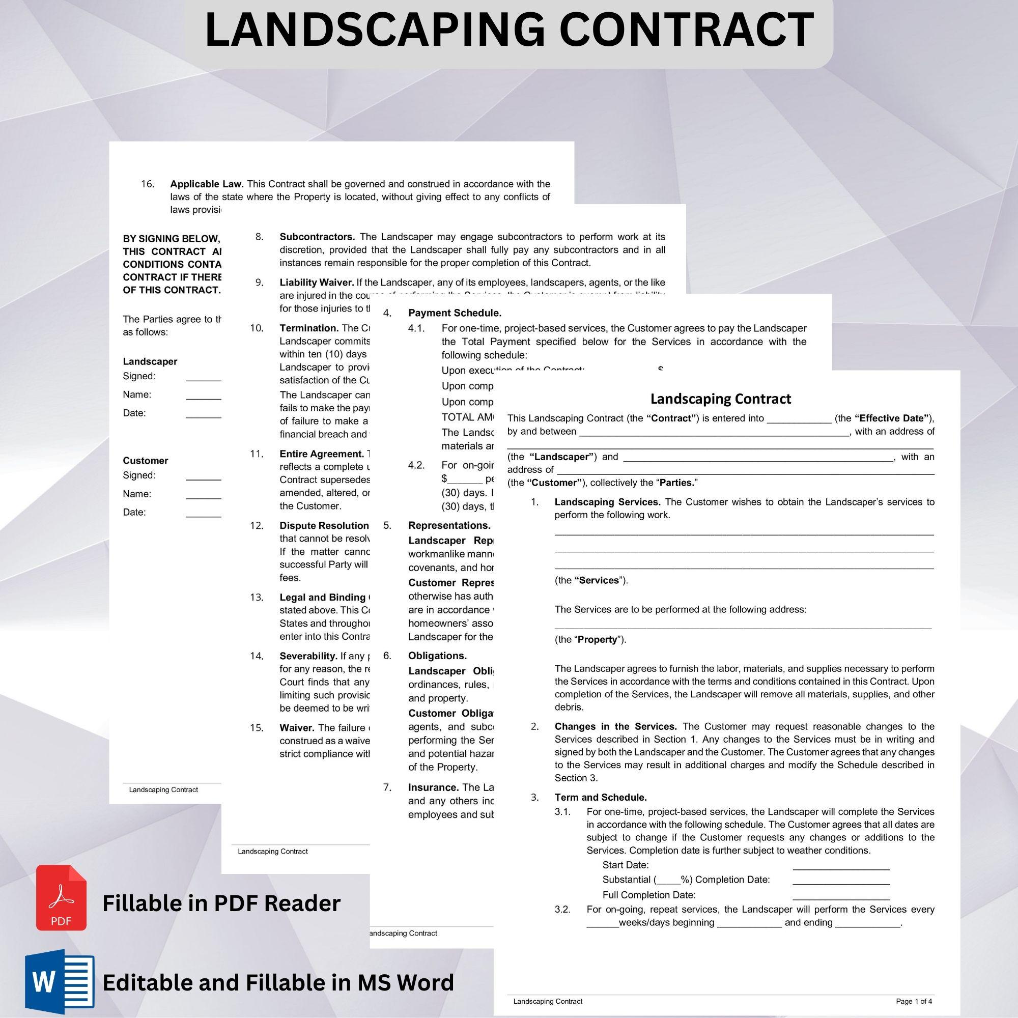 Printable and Editable Landscaping Contract Agreement PDF Word Form ...
