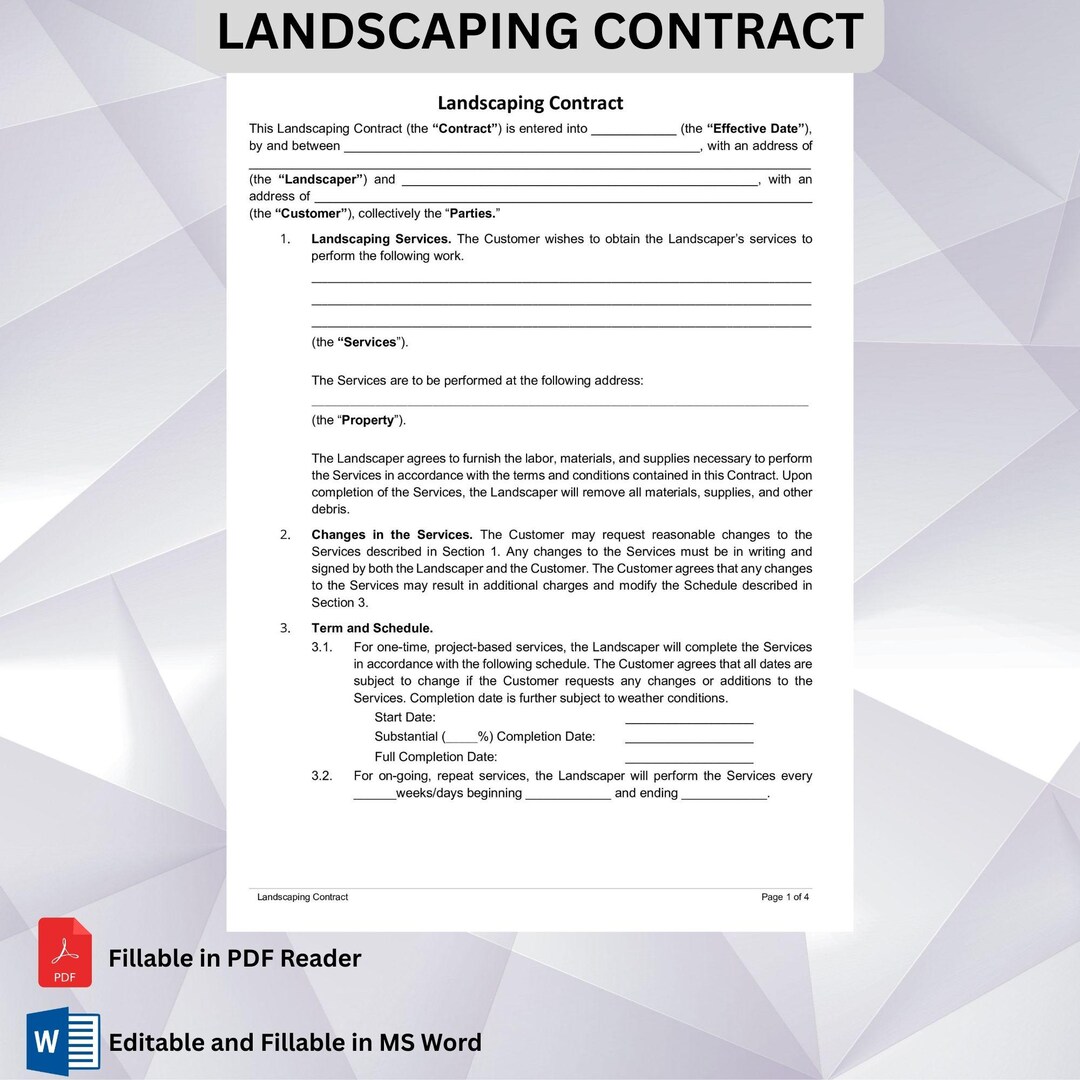 Printable and Editable Landscaping Contract Agreement PDF Word Form ...