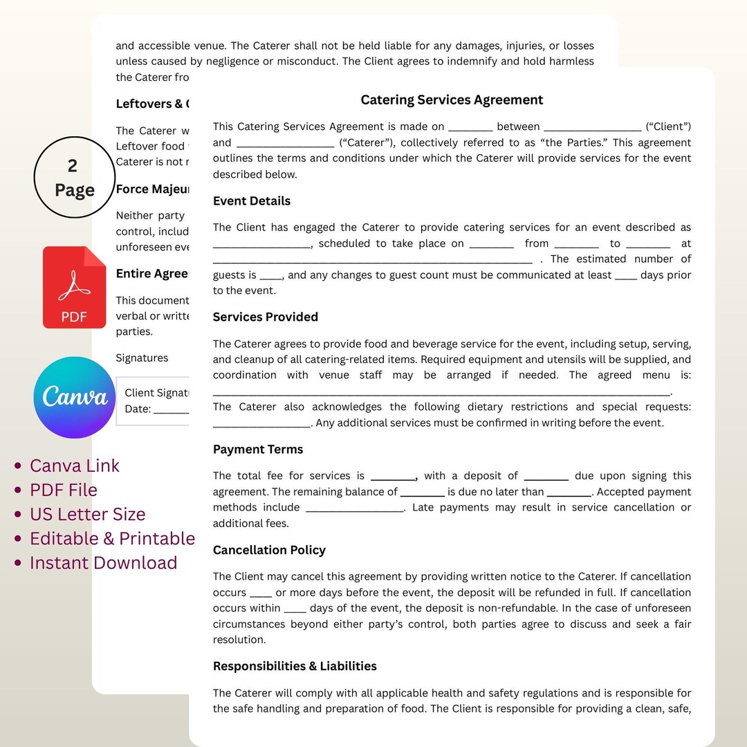 Catering Contract Template: Editable Food Service Agreement (printable ...