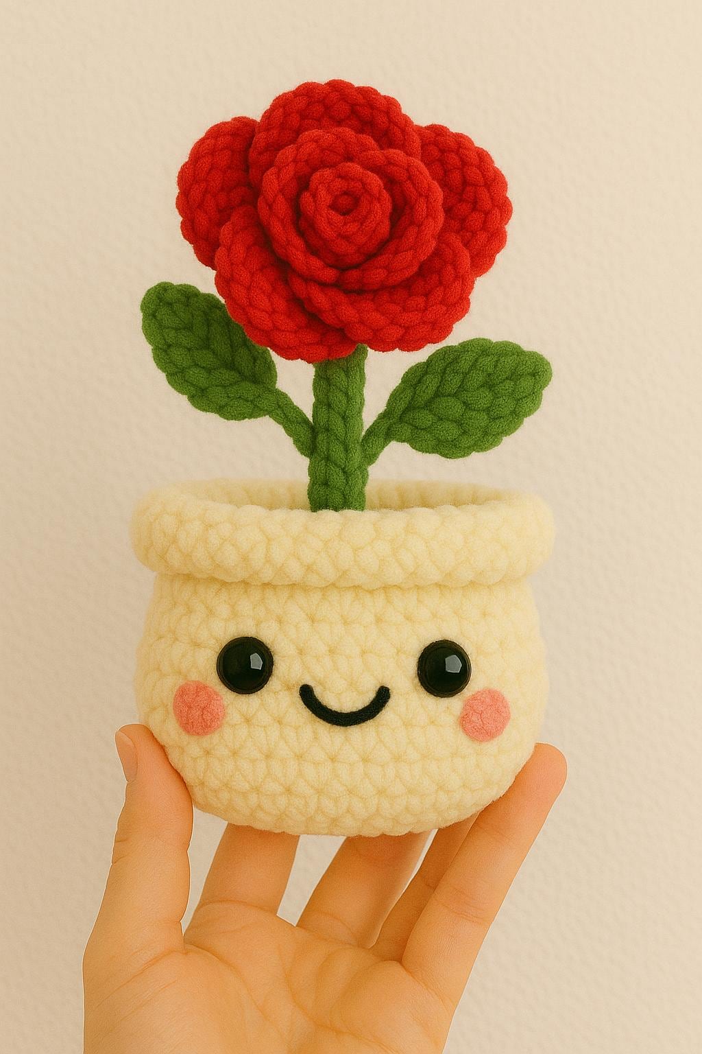 Crochet Rose Flower Pot Plushie, Smiley Face Mini Plant Gift, Cute ...