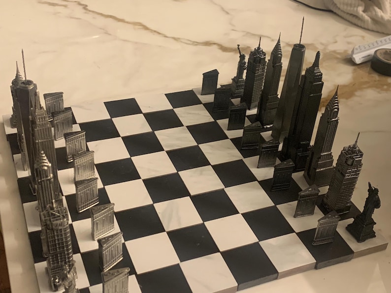 Chrome NEW YORK Chess Set W/tile Chess Board - Etsy