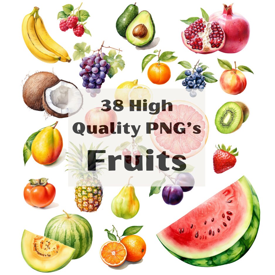 Realistic Watercolor Fruits Clipart Fruit Variety PNG Illustration ...