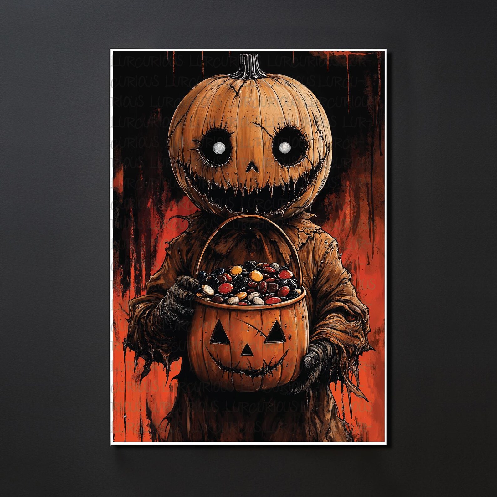 Sam Pumpkin Creature Drawing, Printable Pumpkin Art, Rustic Halloween ...