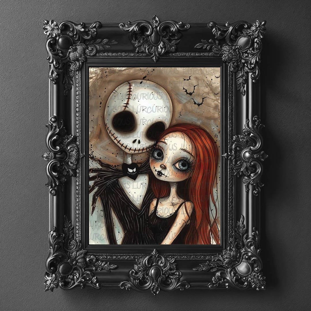 Jack and Sally Drawing, Printable Skeleton Art, Rustic Halloween Decor ...