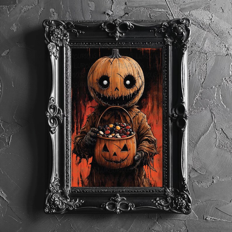 Sam Pumpkin Creature Drawing, Printable Pumpkin Art, Rustic Halloween ...