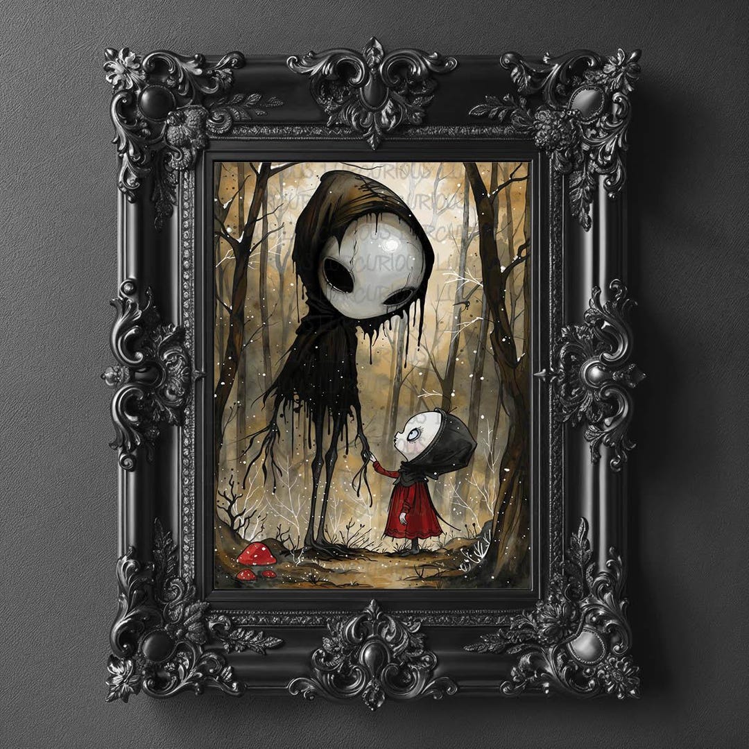 Faceless Creature Guiding a Child, Printable Faceless Art, Rustic ...