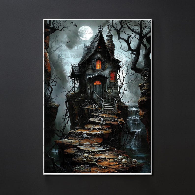 Witch House Drawing, Printable Witch House Art, Rustic Halloween Decor ...