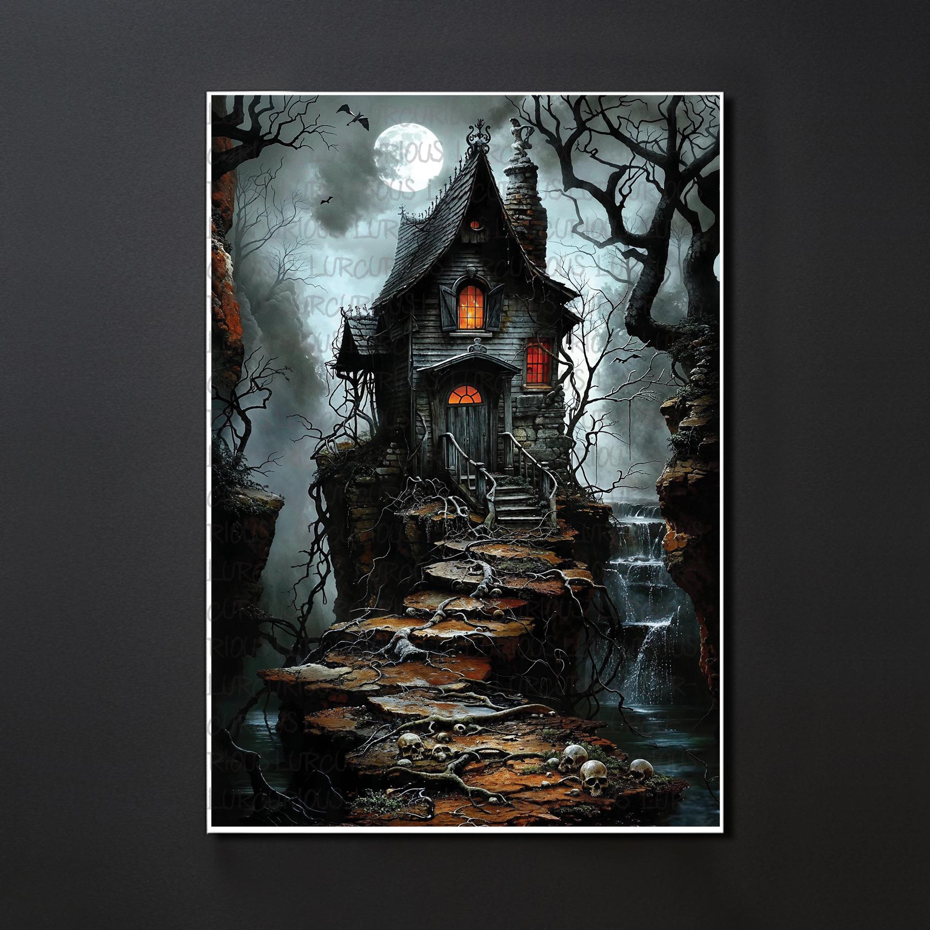 Witch House Drawing, Printable Witch House Art, Rustic Halloween Decor ...