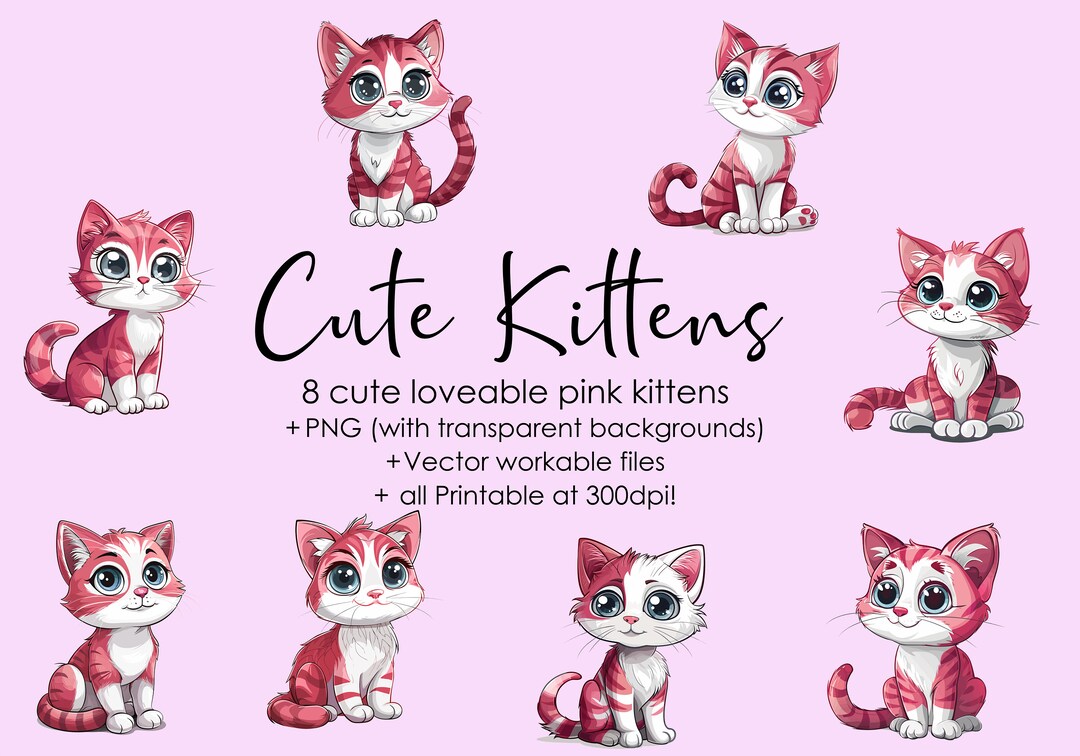 Cute Pink Chibi Kittens Happy, Clipart, PNG and PDF, Cute Pink and ...