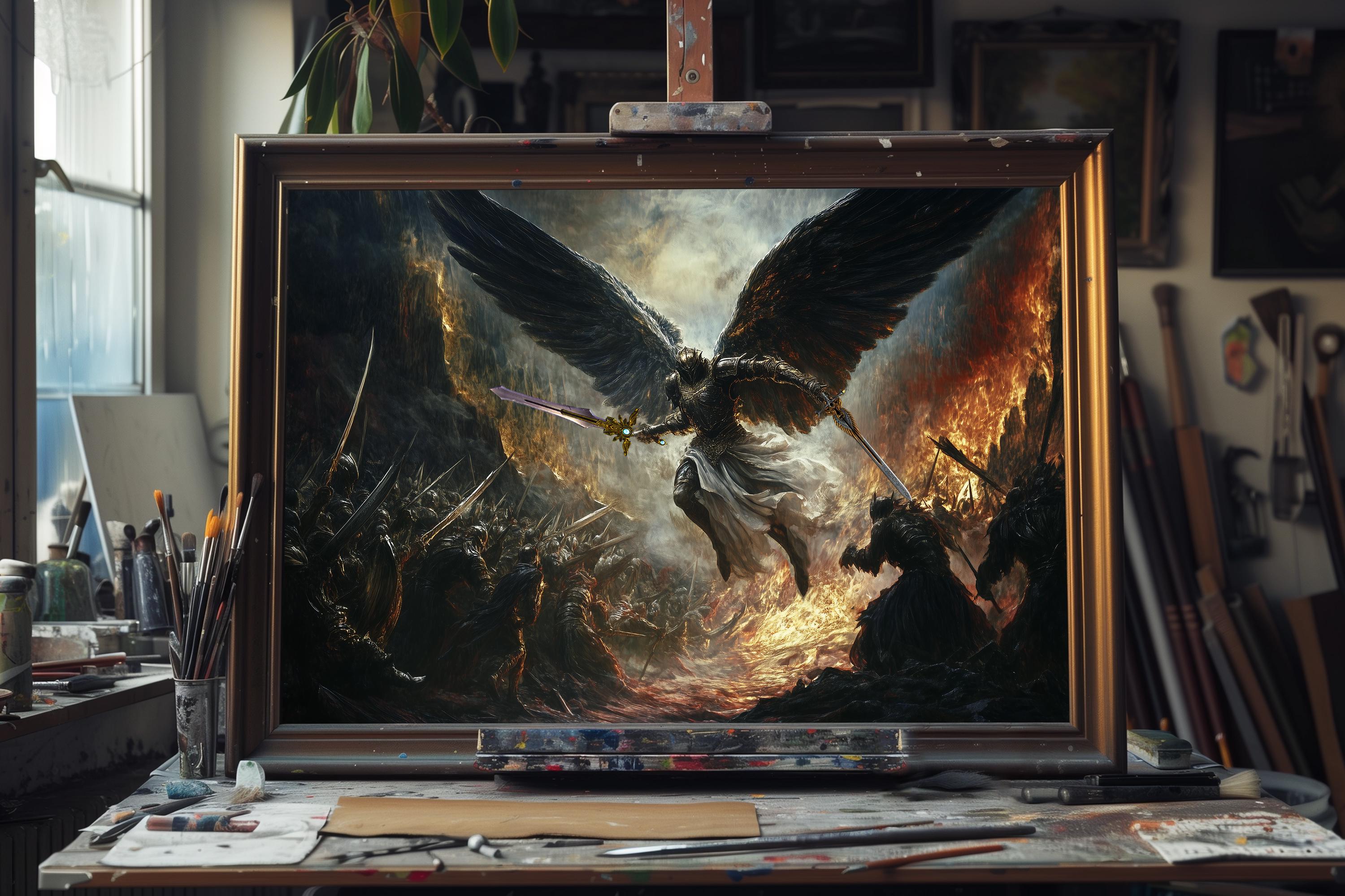 Angel Battling Army of Demons Oil Painting – Hand-painted Fantasy Wall ...