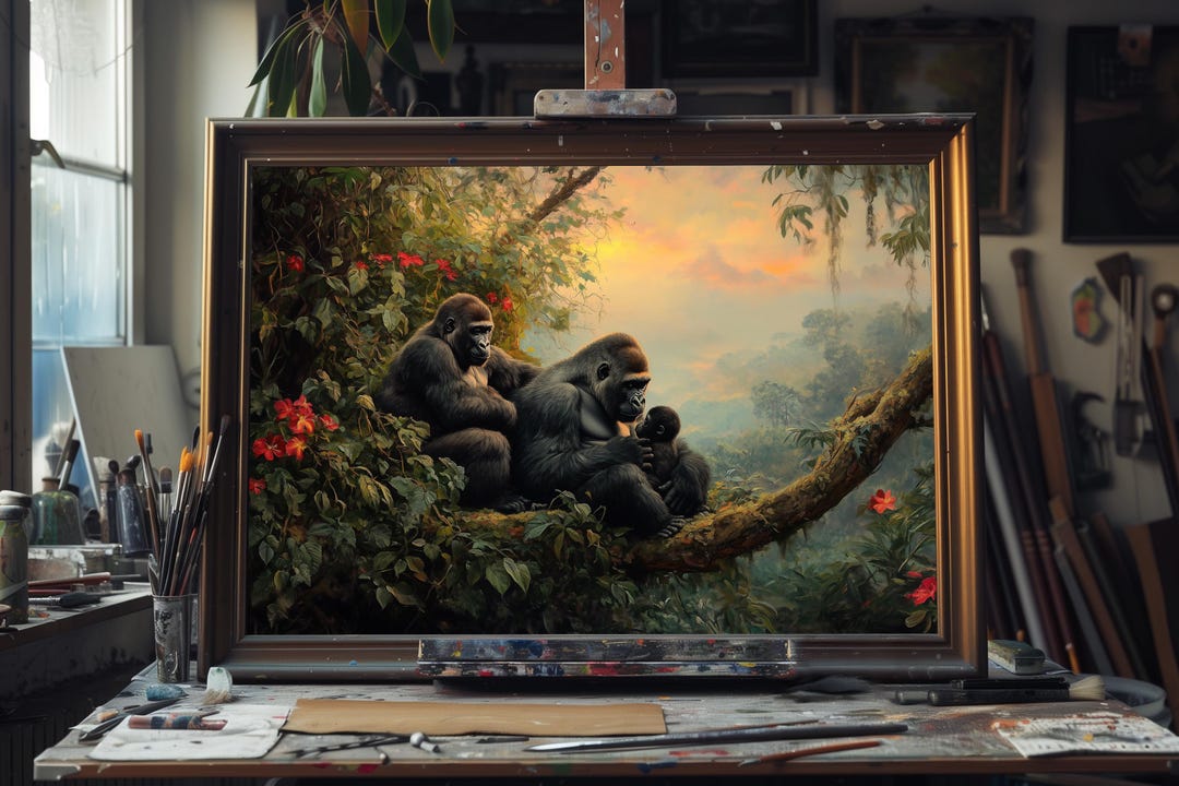 Fine Art Oil Painting Jungle Gorillas, Primate Family in Rainforest ...