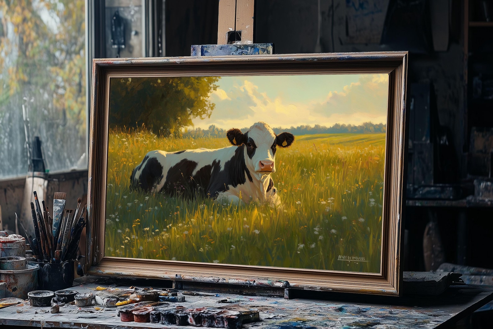 Fine Art Oil Painting Holstein Cow in Sunlight, Rustic Farmhouse Wall ...