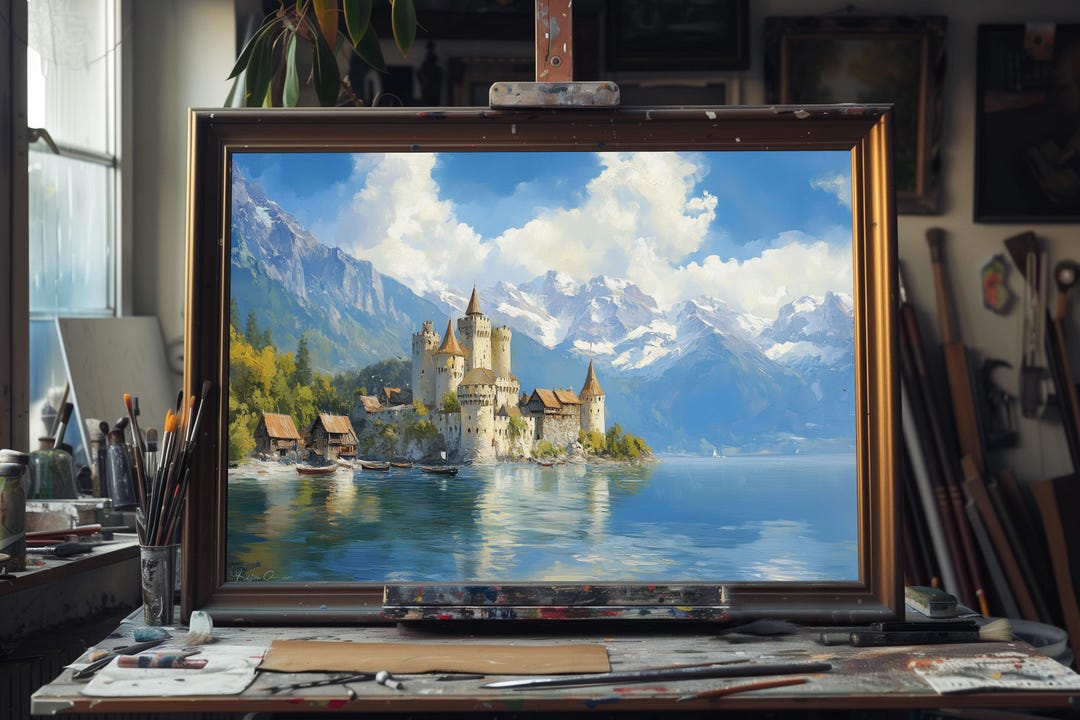 Fine Art Oil Painting Castle on Tranquil Lake, Serene Landscape Canvas ...
