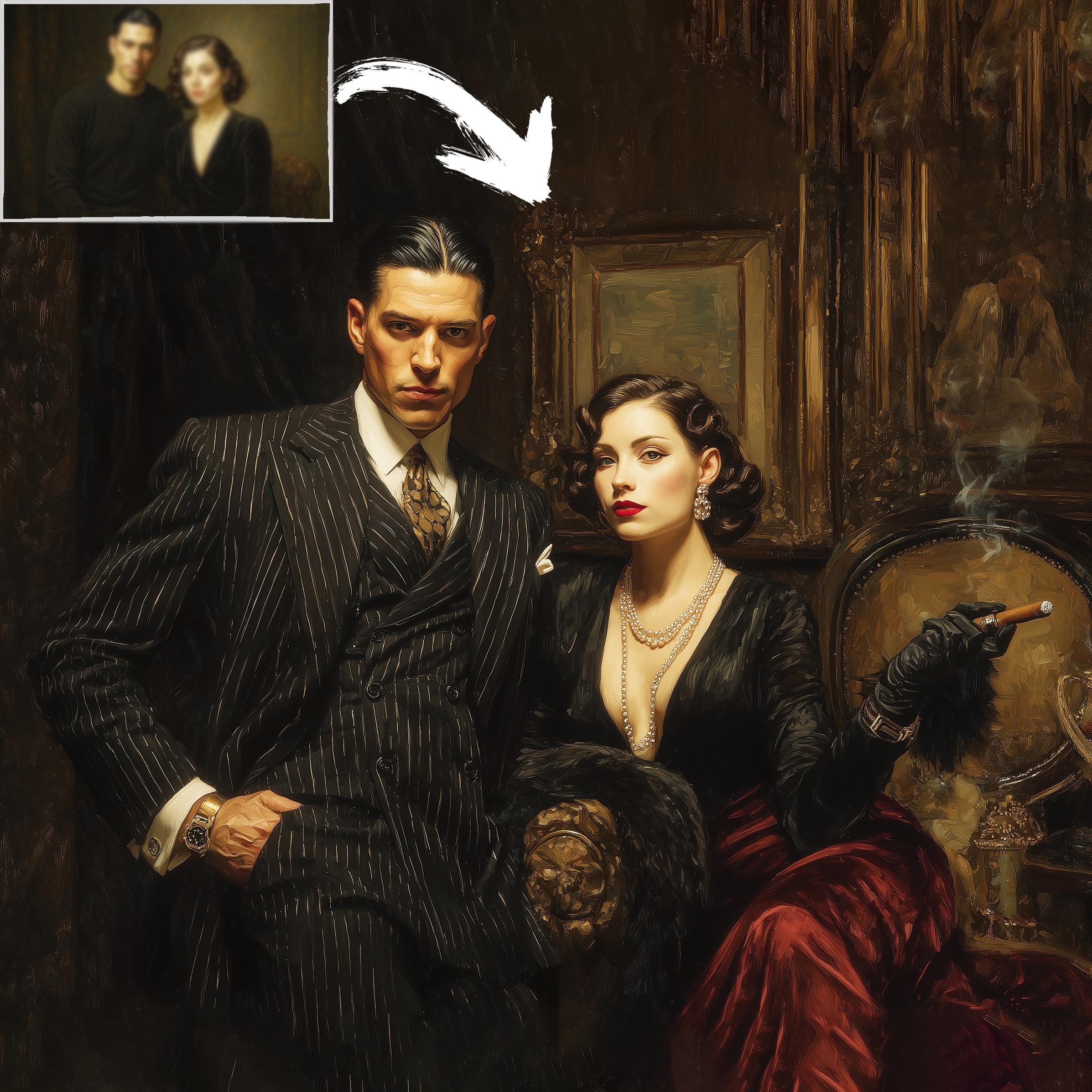 Custom Oil Painting Couple Portrait in Italian Mafia Style, Dramatic ...
