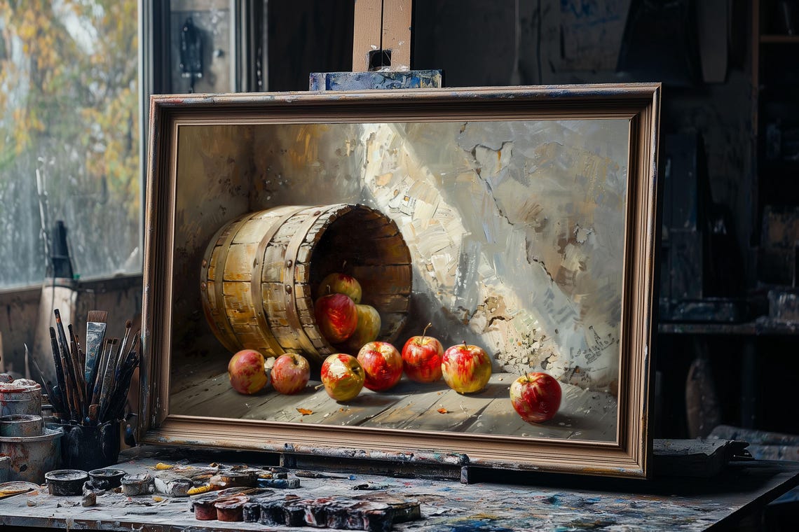 Fine Art Oil Painting Wooden Bucket of Apples, Rustic Kitchen Still ...