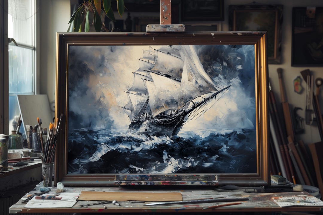 Black & White Sailing Ship Oil Painting – Hand-painted Nautical Wall ...