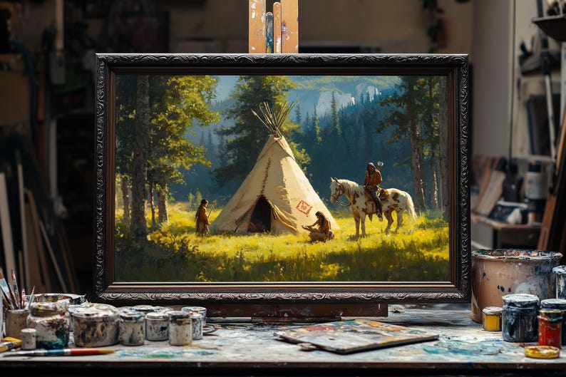Fine Art Oil Painting Native American Tipi Landscape, Rustic Western ...
