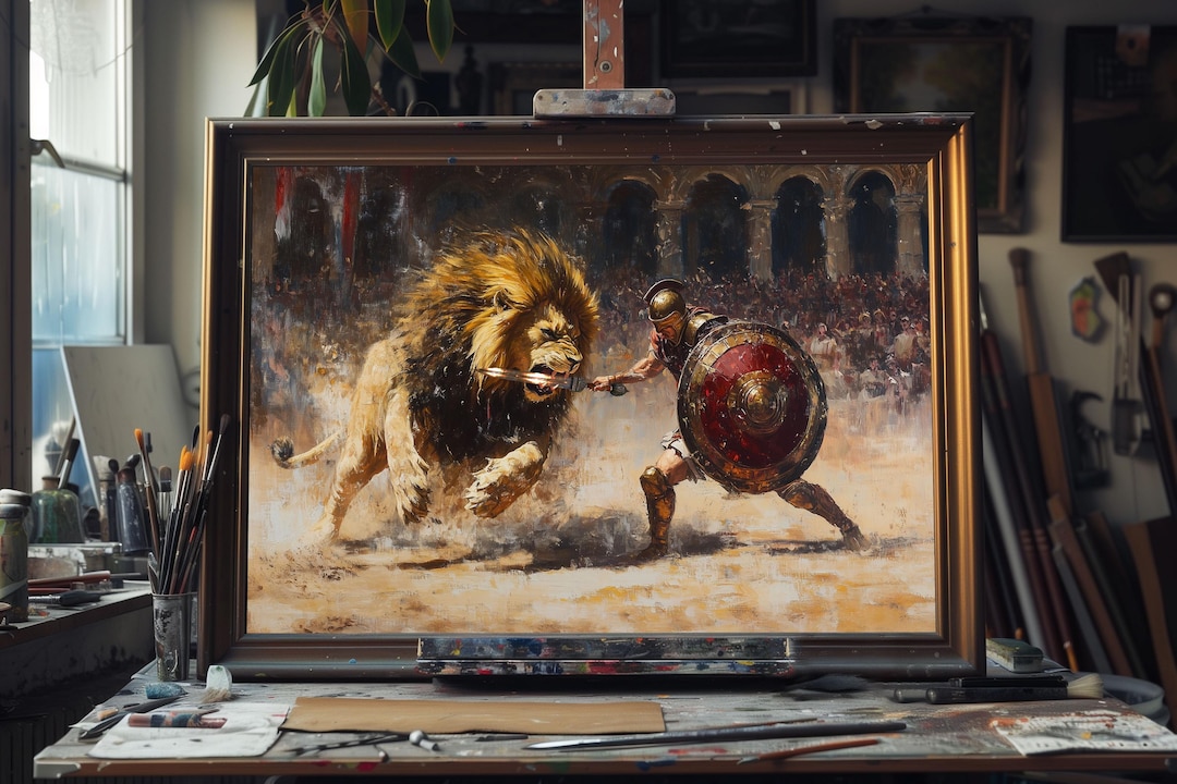 Fine Art Oil Painting Roman Warrior Vs Lion, Gladiator Arena Battle Art ...