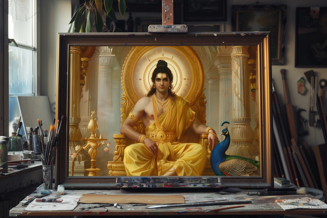 Fine Art Oil Painting of Hindu Lord Muruga – Divine Kartikeya Wall Art ...