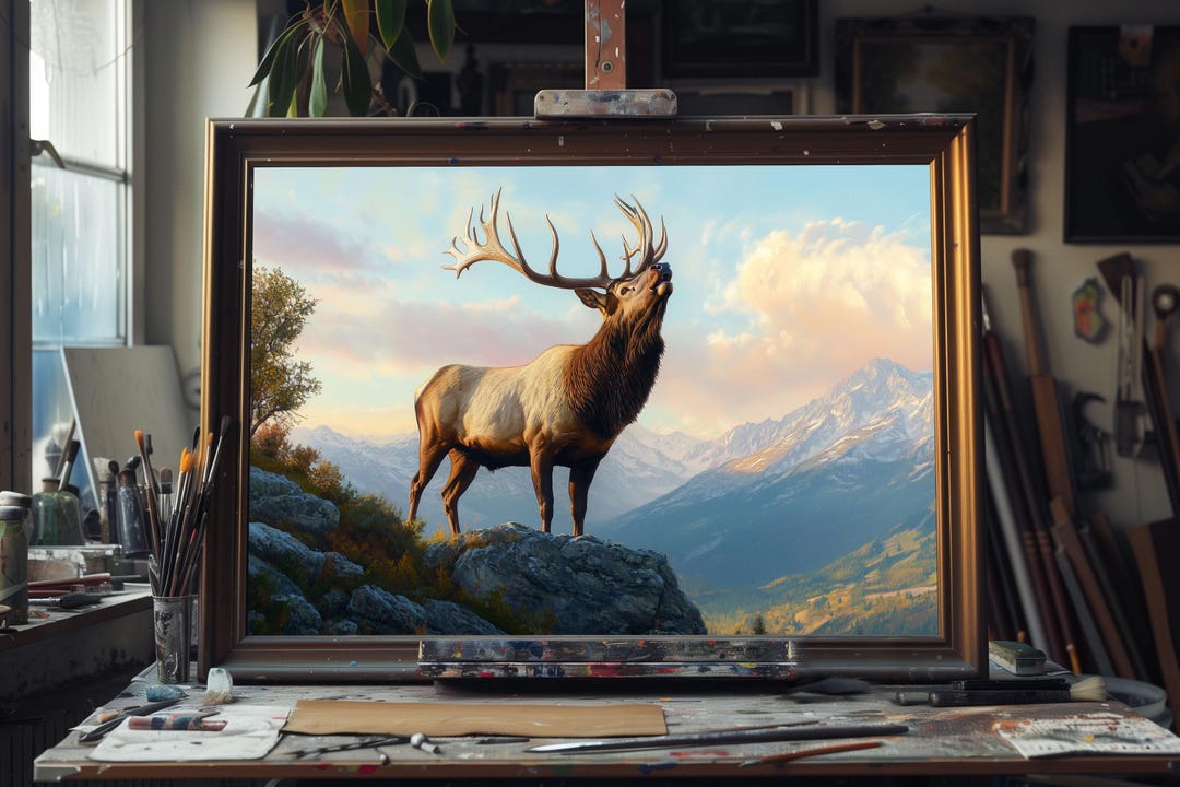 Fine Art Oil Painting Majestic Elk Atop Mountain, Hand-painted Wildlife ...
