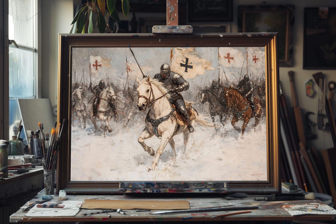 Fine Art Oil Painting Knights Charging on Snow Battlefield, Medieval ...