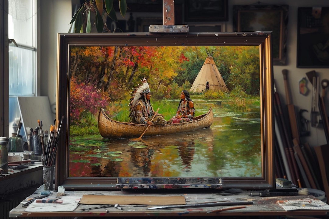 Fine Art Oil Painting Native American and Birchbark Canoe, Indigenous ...