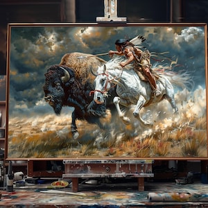 Fine Art Native American Hunting Bison Oil Painting – Western Wall Art ...