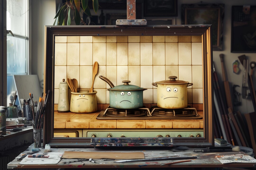 Fine Art Oil Painting Pot Pan and Saucepan Cartoon, Hand-painted ...