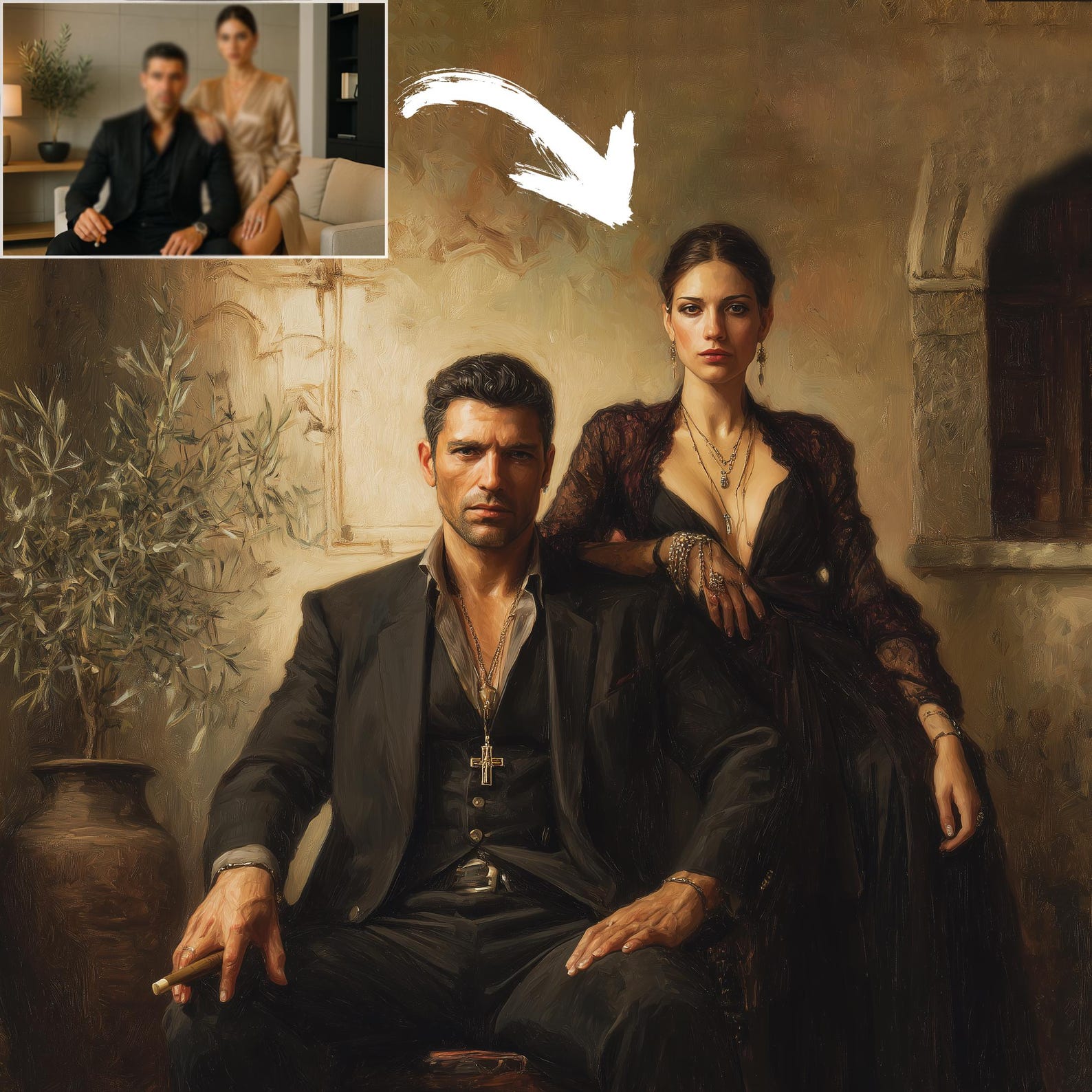 Custom Oil Painting Mafia Couple Portrait in Sicilian Mob Style ...