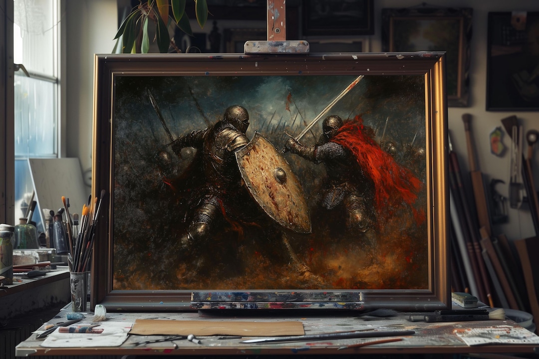 Fine Art Oil Painting Medieval Battle Knight Scene, Handcrafted ...