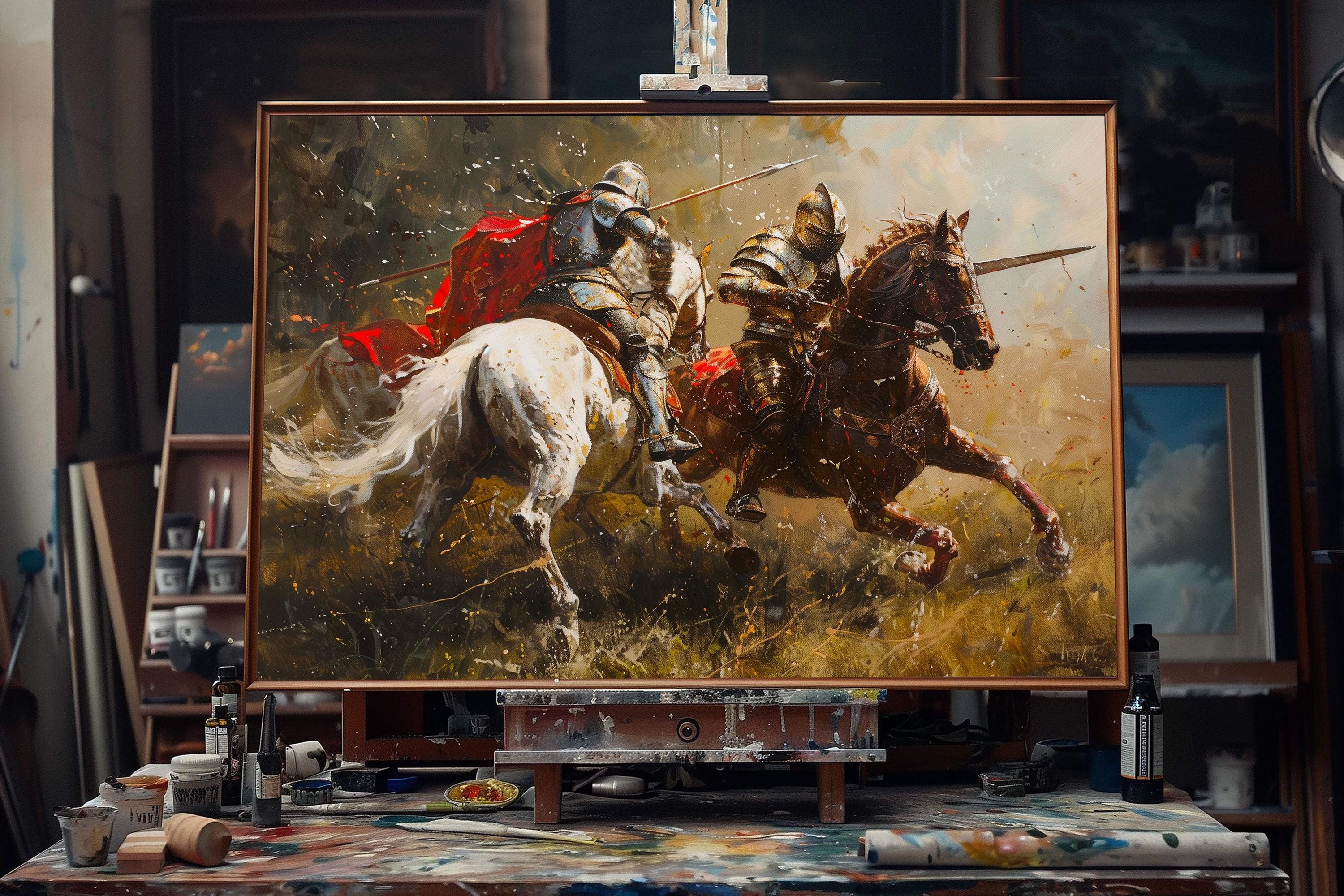 Fine Art Oil Painting the Knights Battle, Hand-painted Medieval Combat ...