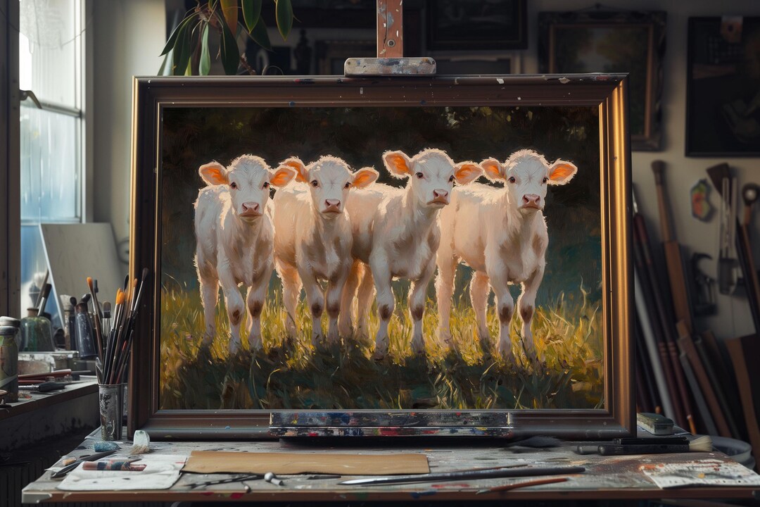 Fine Art Oil Painting Five Young White Calves, Rustic Farm Animal Art ...