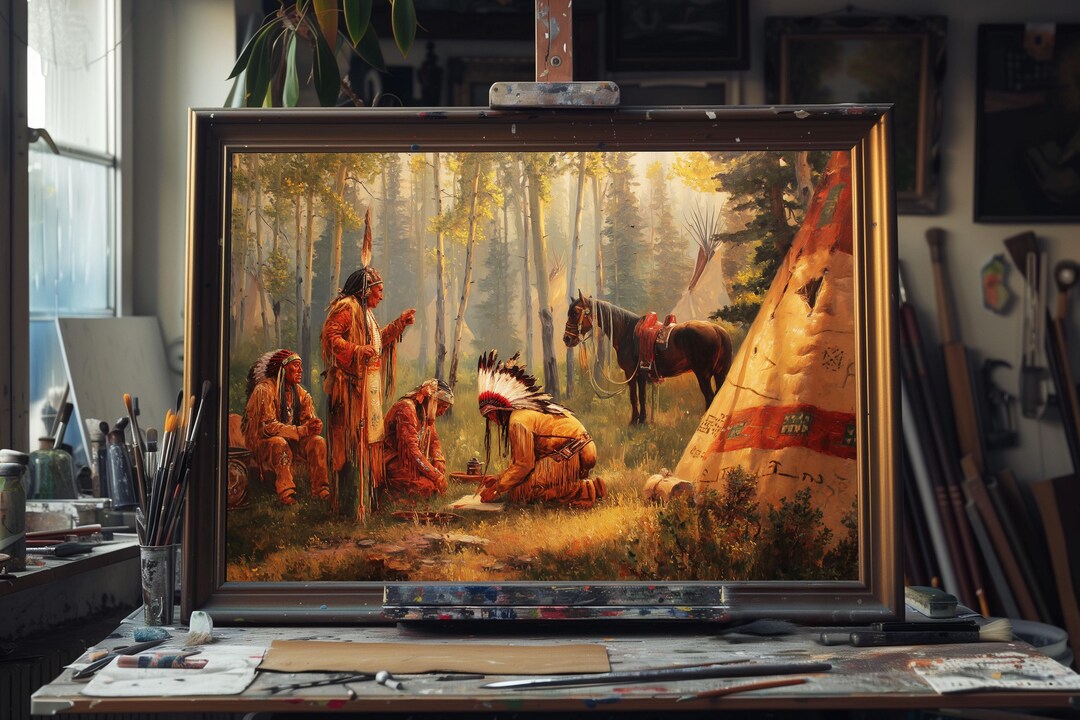 Native American Tipi Painting, Fine Art Oil Painting Tribal Campfire ...