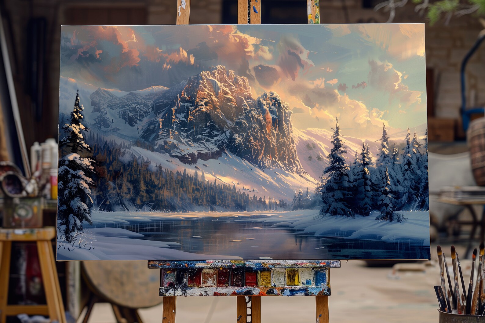 Fine Art Oil Painting of Winter Light Mountain - Hand-painted Snowy ...