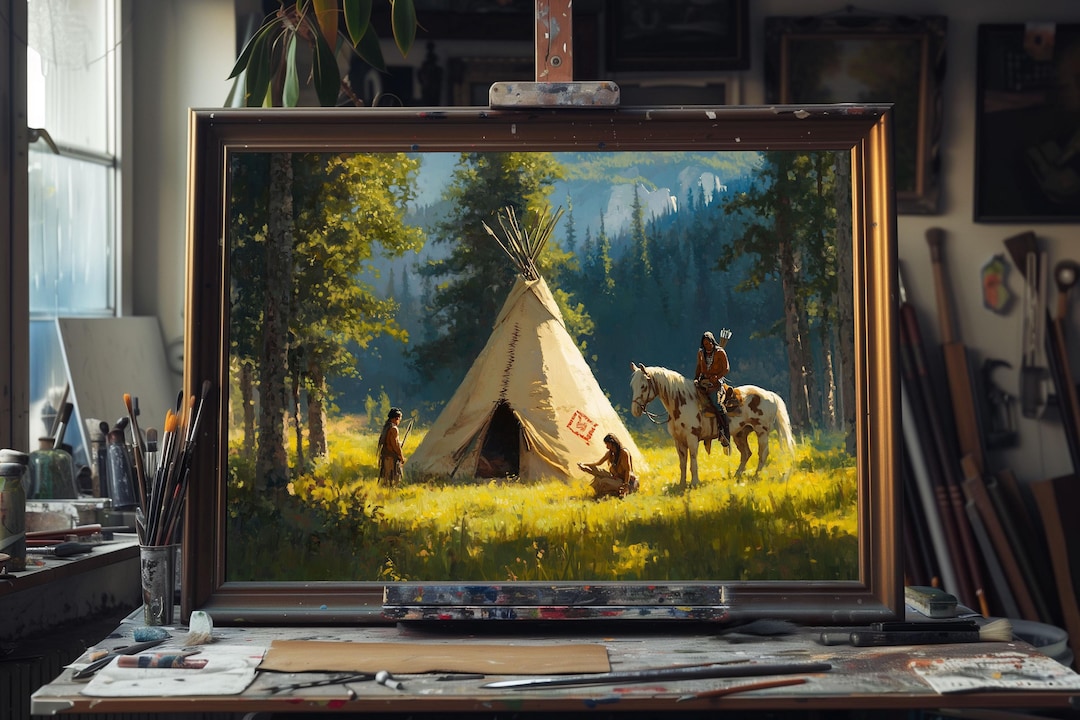 Fine Art Oil Painting Native American Tipi Landscape, Rustic Western ...