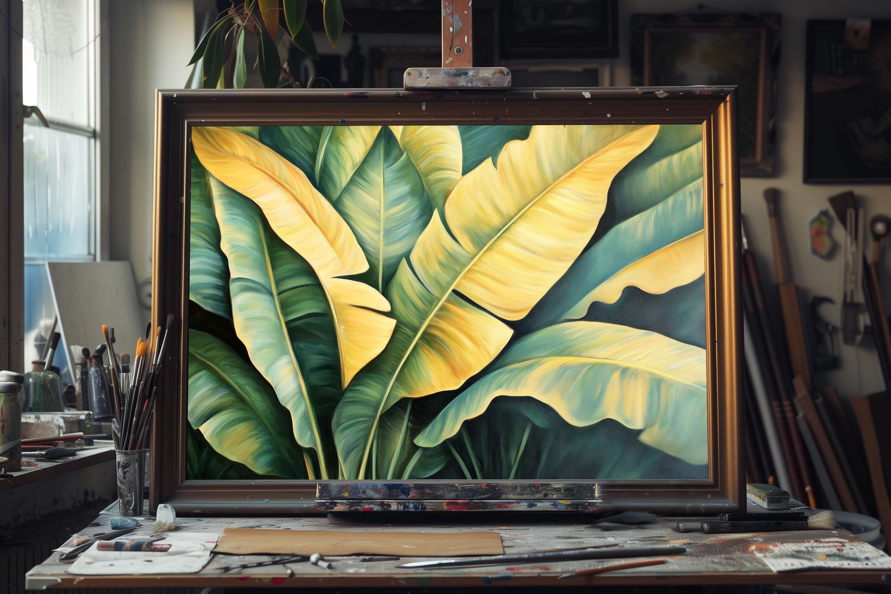 Banana Leaves Oil Painting – Hand-painted Tropical Wall Art, Green ...