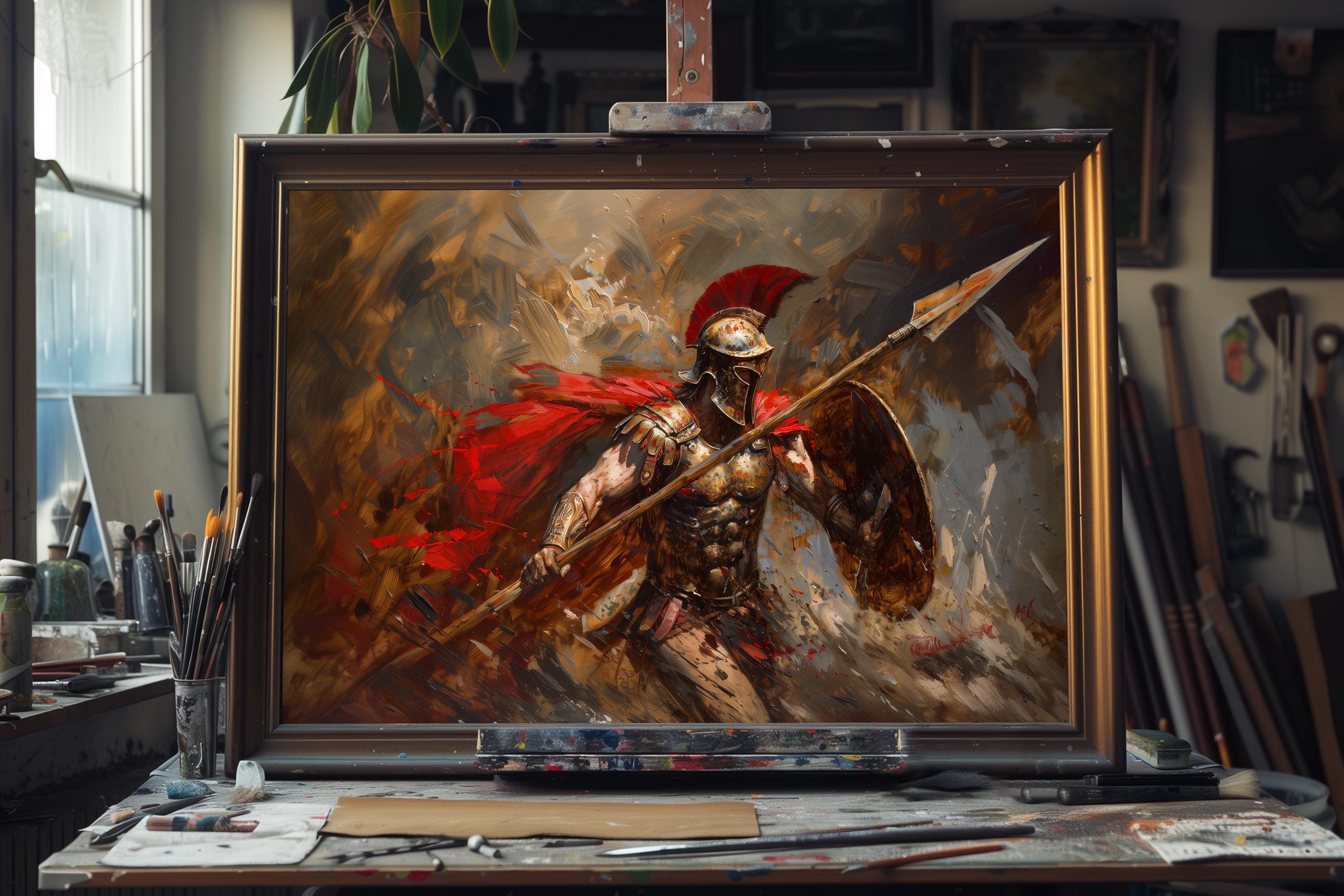 Fine Art Oil Painting Spartan Warrior, Ancient Greek Hoplite Canvas Art ...